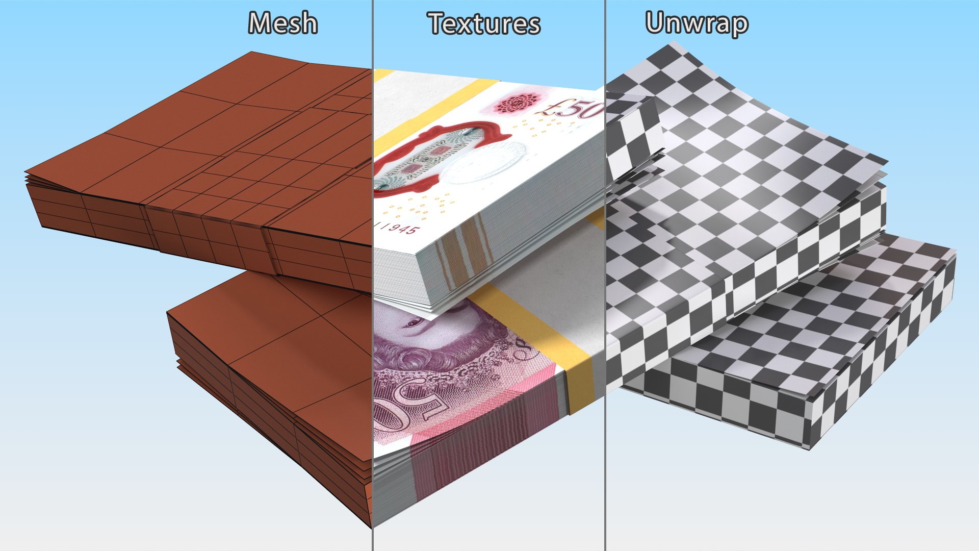 3D 50 Pounds Banknotes in Three Packs model - TurboSquid 2148455