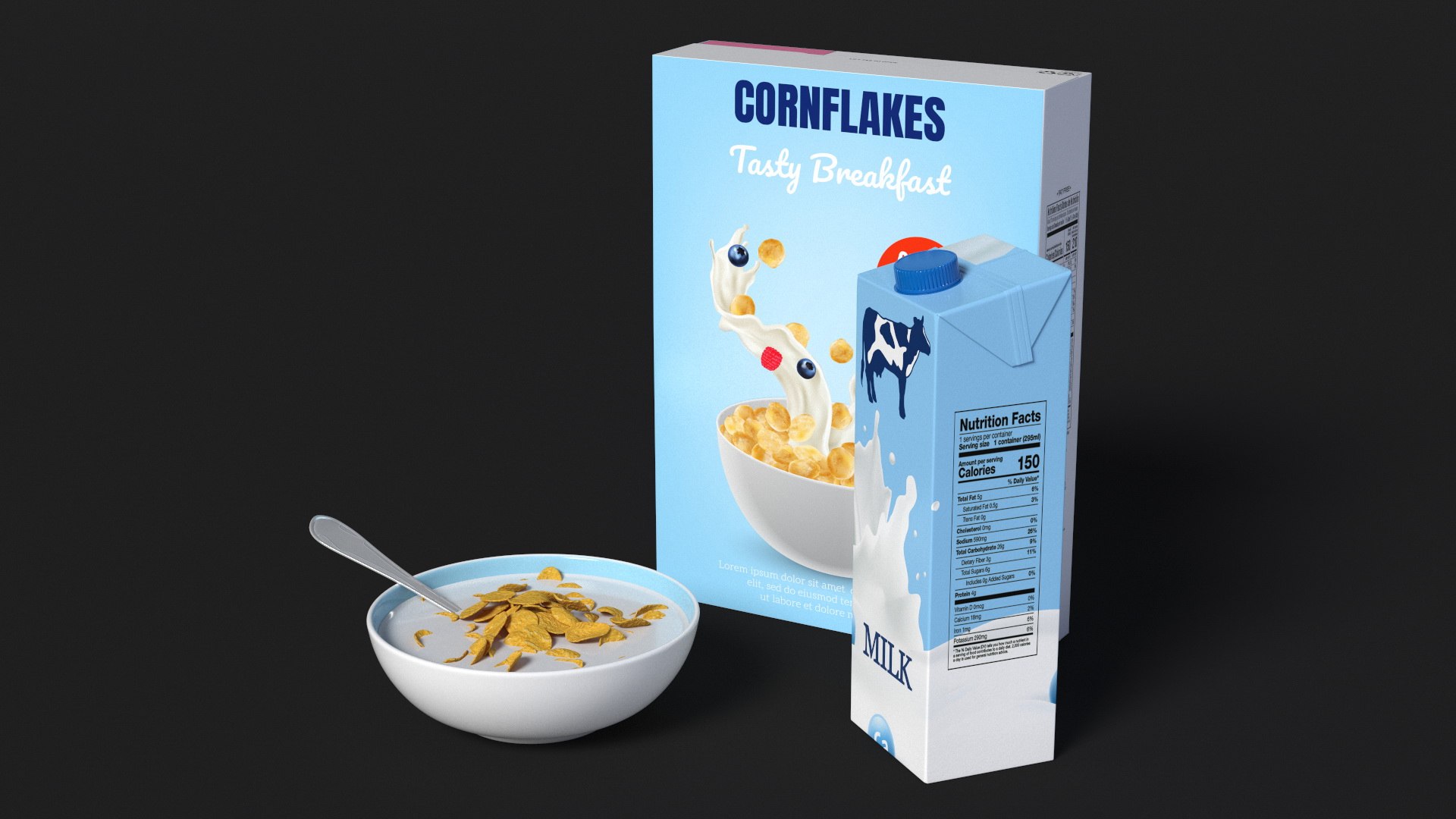 Breakfast With Milk And Cornflakes 3D - TurboSquid 2345968