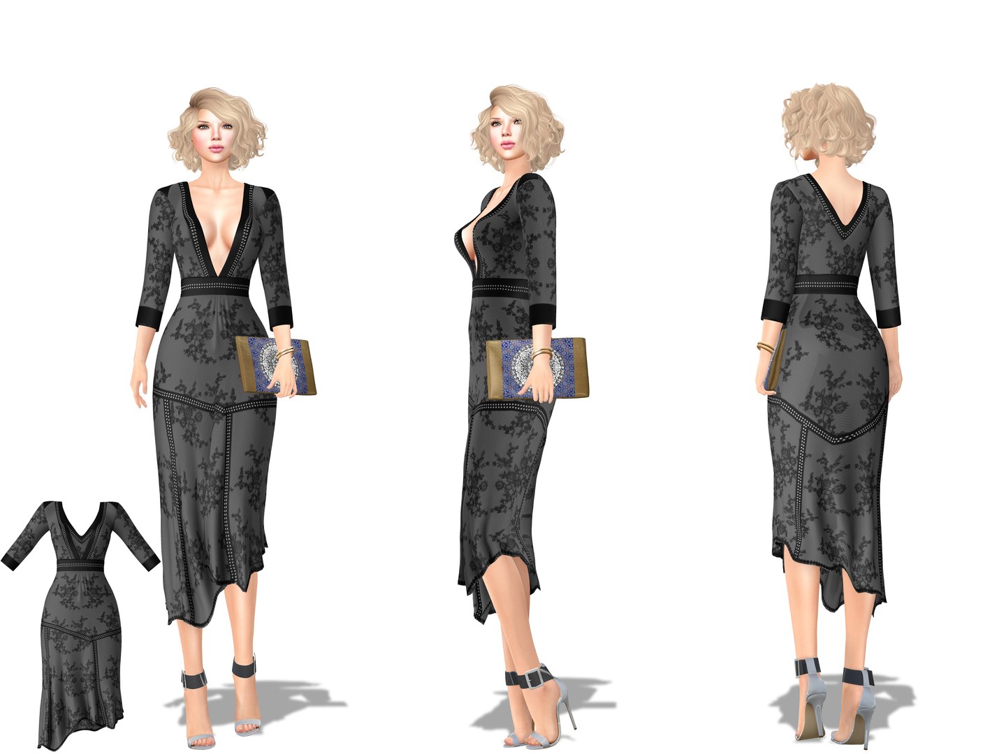 3D Retro Black Lace Effect Wiggle Dress - TurboSquid 2074051