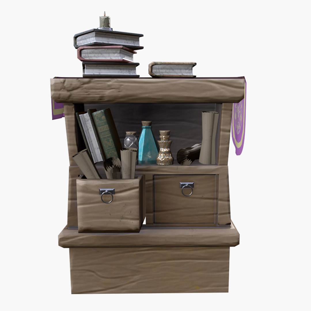 3D Stylized medieval wide cupboard with items gamereadyce painter model ...