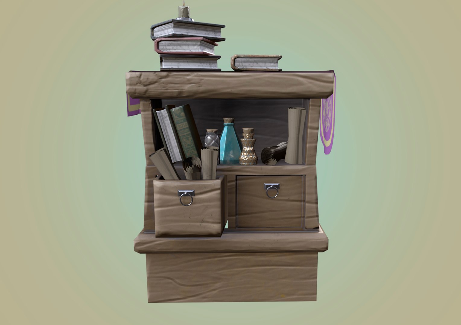 3D Stylized Medieval Wide Cupboard With Items Gamereadyce Painter Model ...