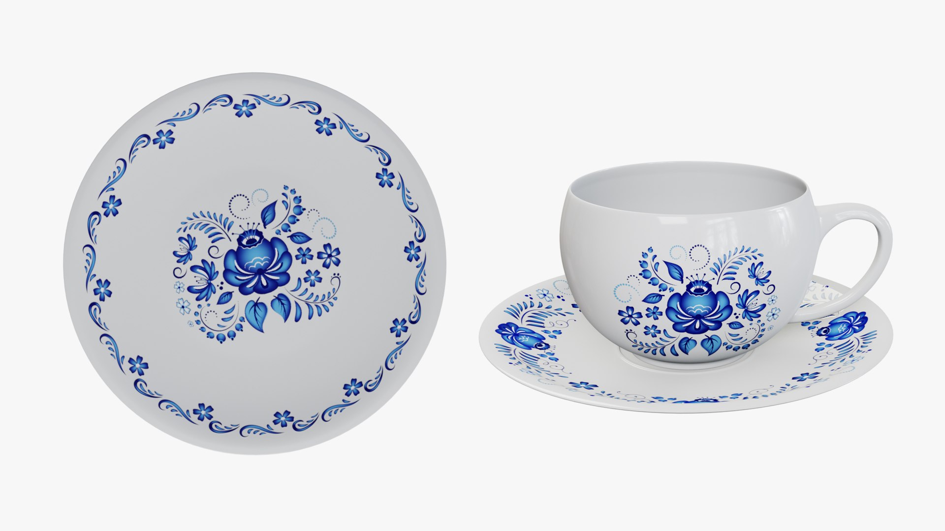 3D Model Porcelain Coffee Set With Gzhel Blue Painting - TurboSquid 2279416