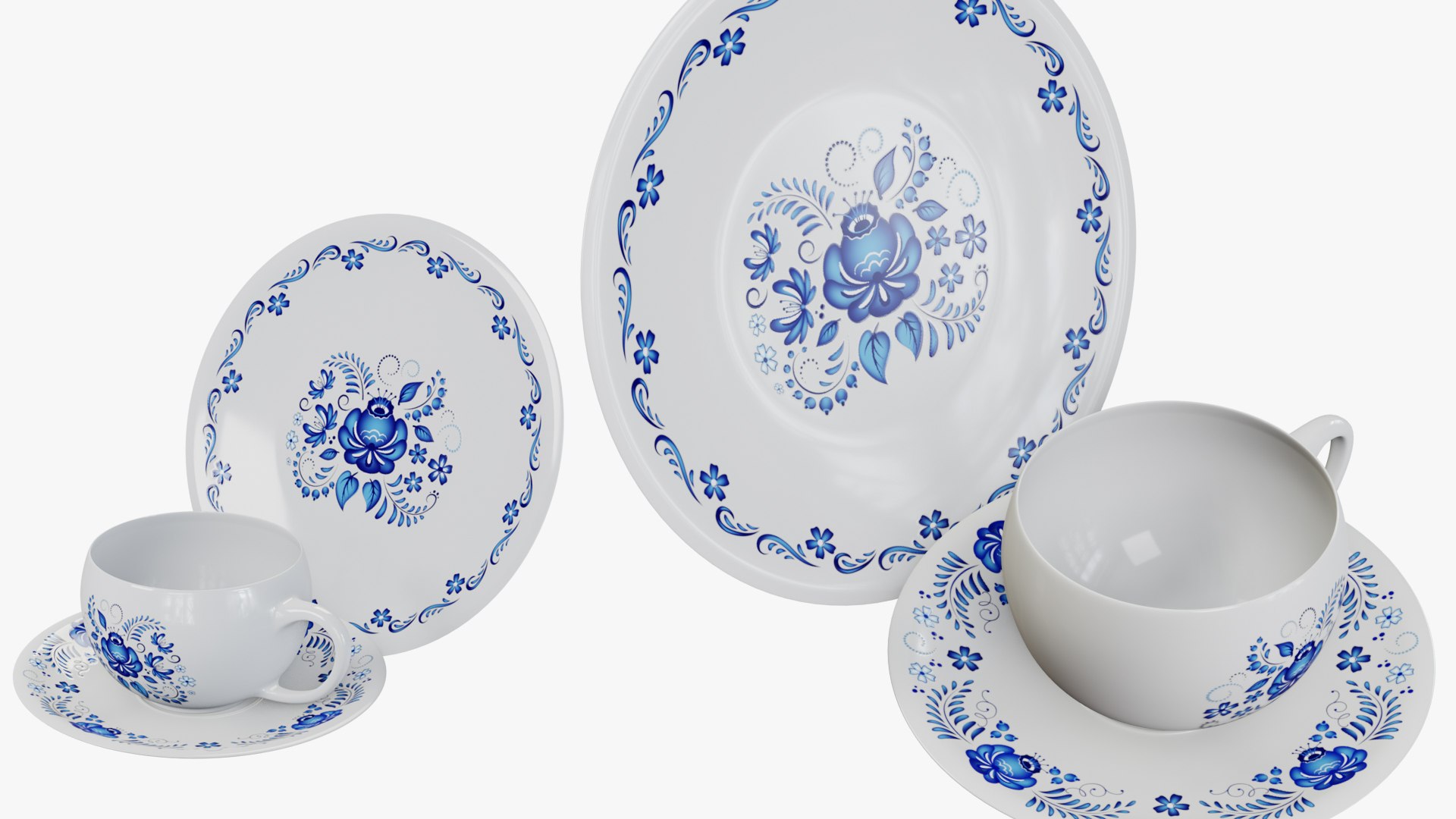 3D Model Porcelain Coffee Set With Gzhel Blue Painting - TurboSquid 2279416