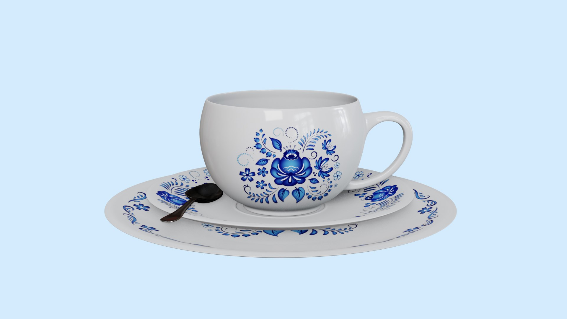 3D Model Porcelain Coffee Set With Gzhel Blue Painting - TurboSquid 2279416