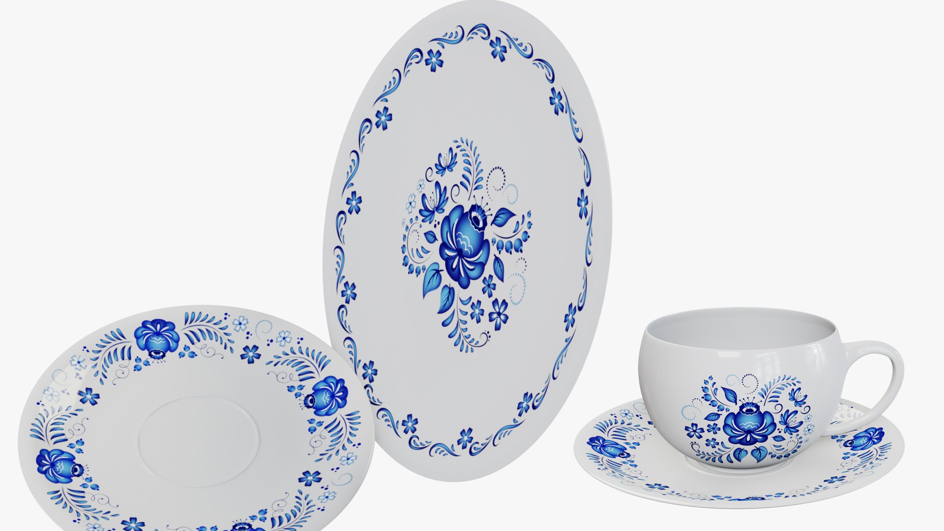 3D Model Porcelain Coffee Set With Gzhel Blue Painting - TurboSquid 2279416