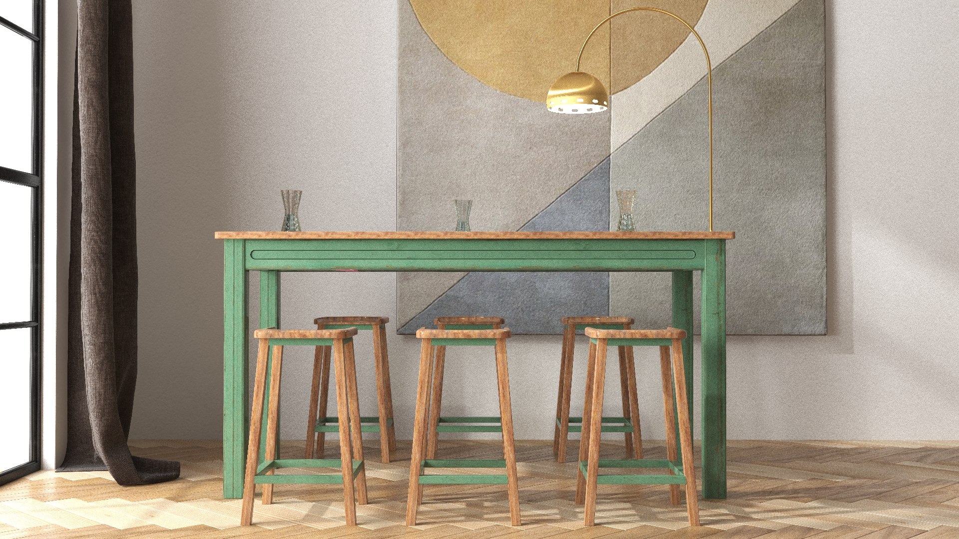 Retro Desk And Bar Chairs 3D - TurboSquid 2253955