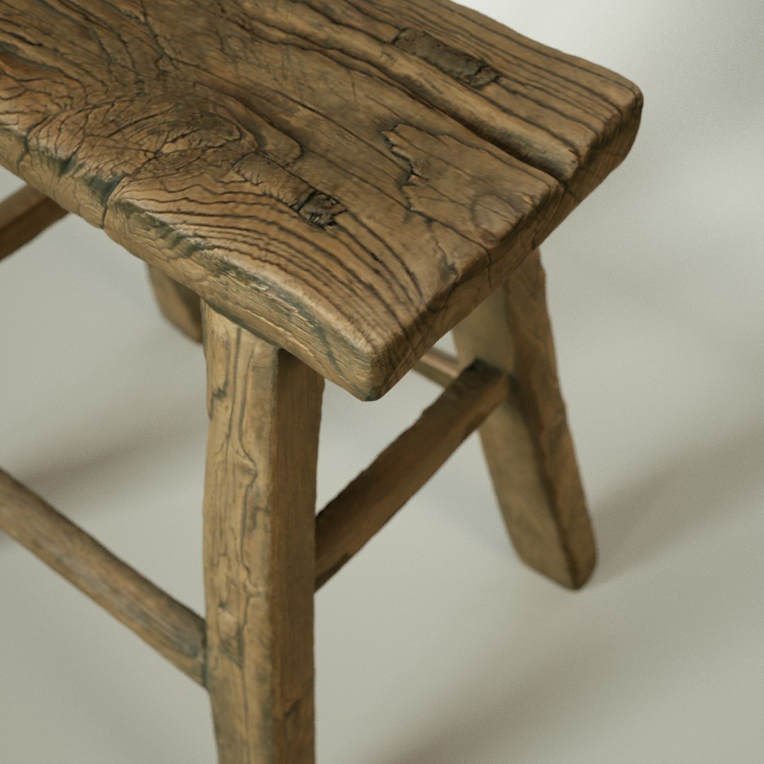 Square Vintage Wood Stool 3d Model