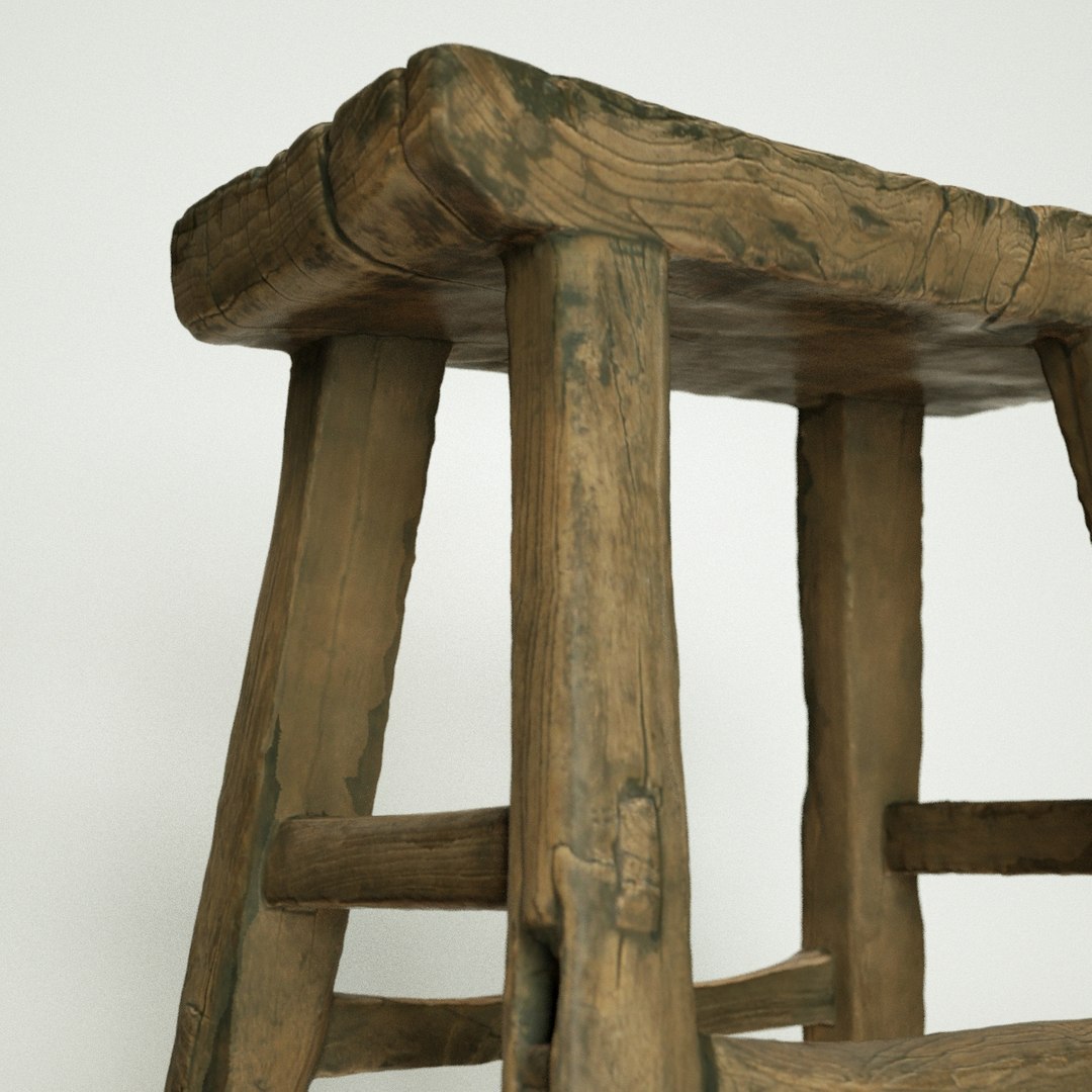 Square Vintage Wood Stool 3d Model