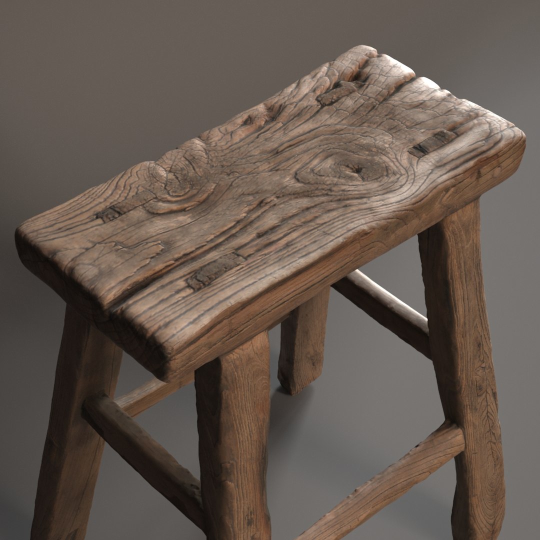 Square Vintage Wood Stool 3d Model