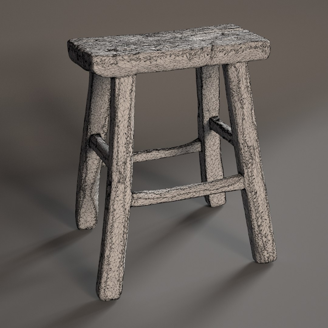 Square Vintage Wood Stool 3d Model
