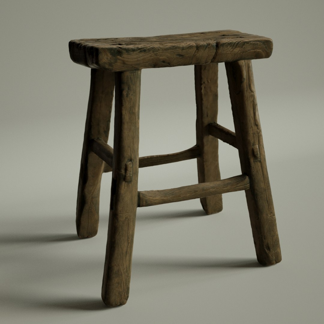 Square Vintage Wood Stool 3d Model