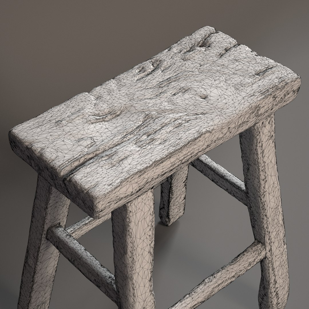 Square Vintage Wood Stool 3d Model