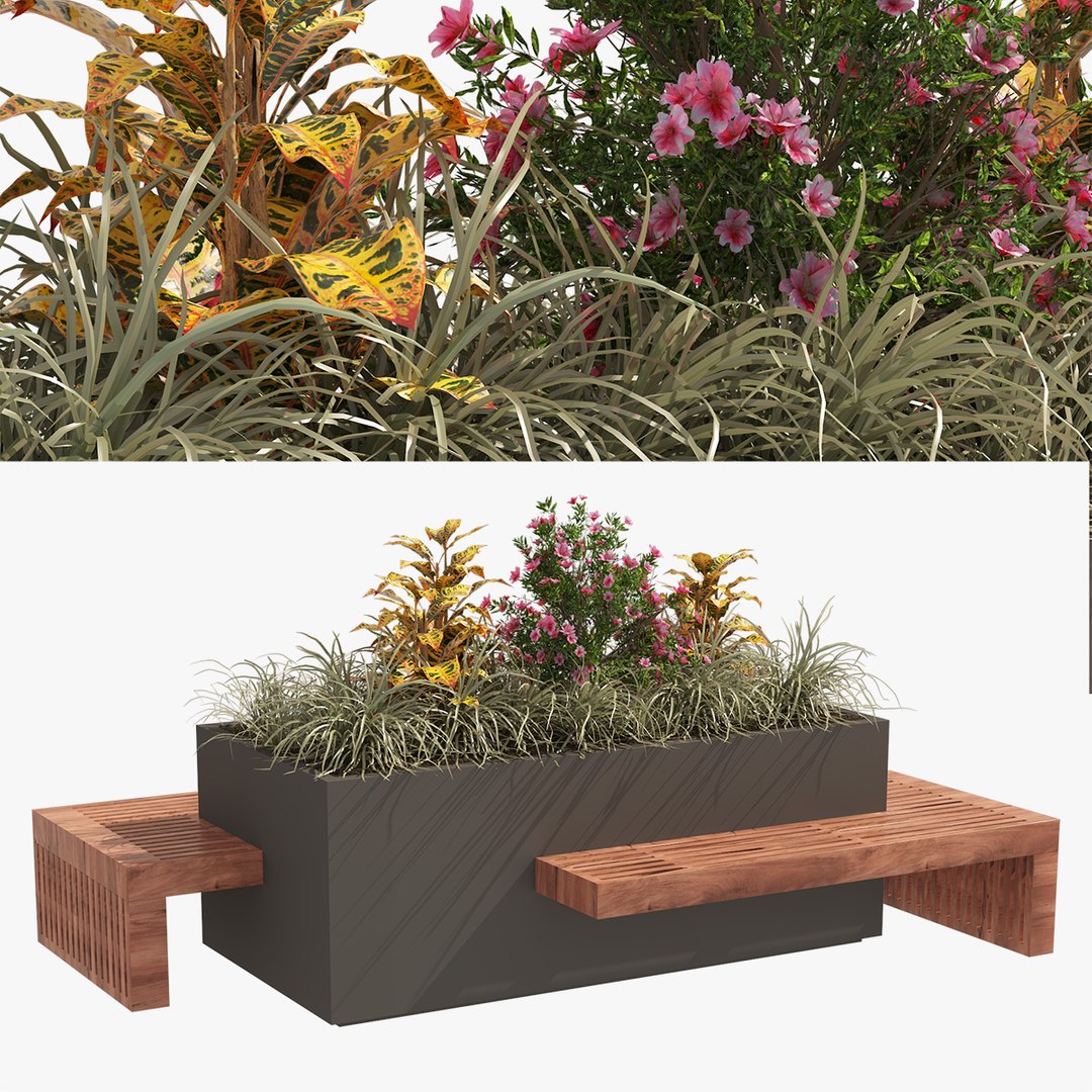 Modern Flowers Planter With Wood Bench Model - TurboSquid 1960542