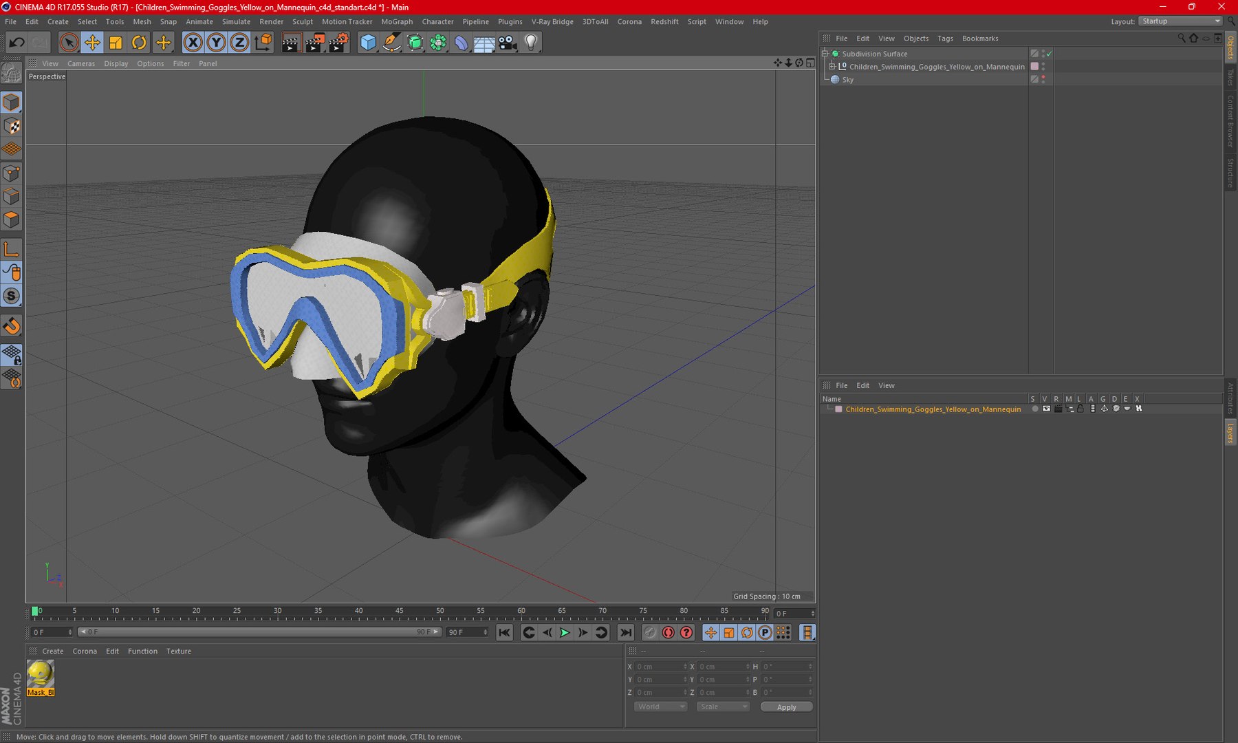 3D Children Swimming Goggles Yellow on Mannequin model - TurboSquid 2144129
