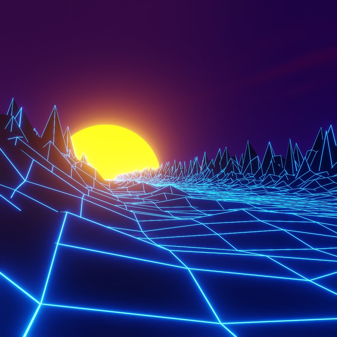 3D 80s Style Background With Polygonal Glowing Mountains And Sun Model ...