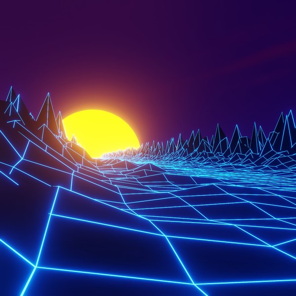 3D 80s style background with polygonal glowing Mountains and sun model ...
