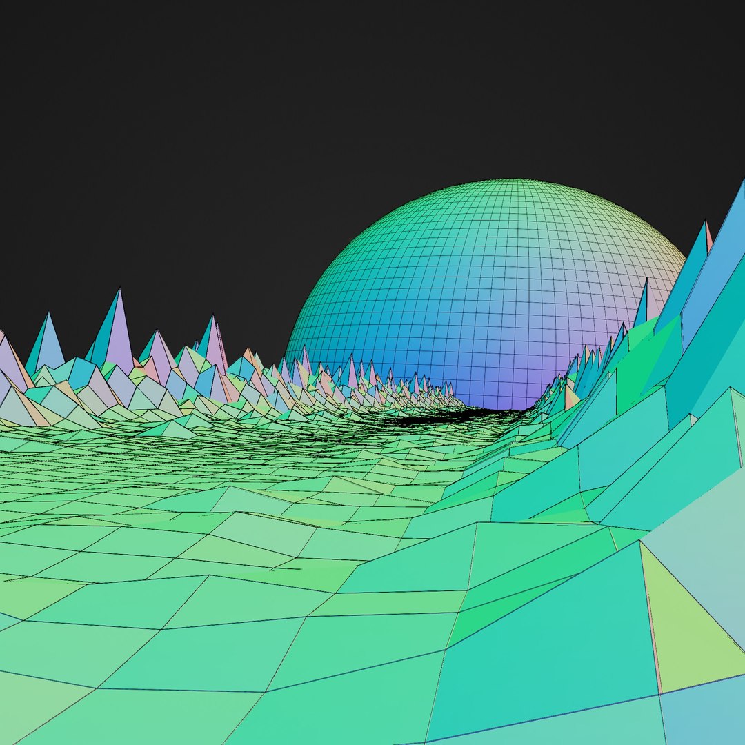 3D 80s Style Background With Polygonal Glowing Mountains And Sun Model ...