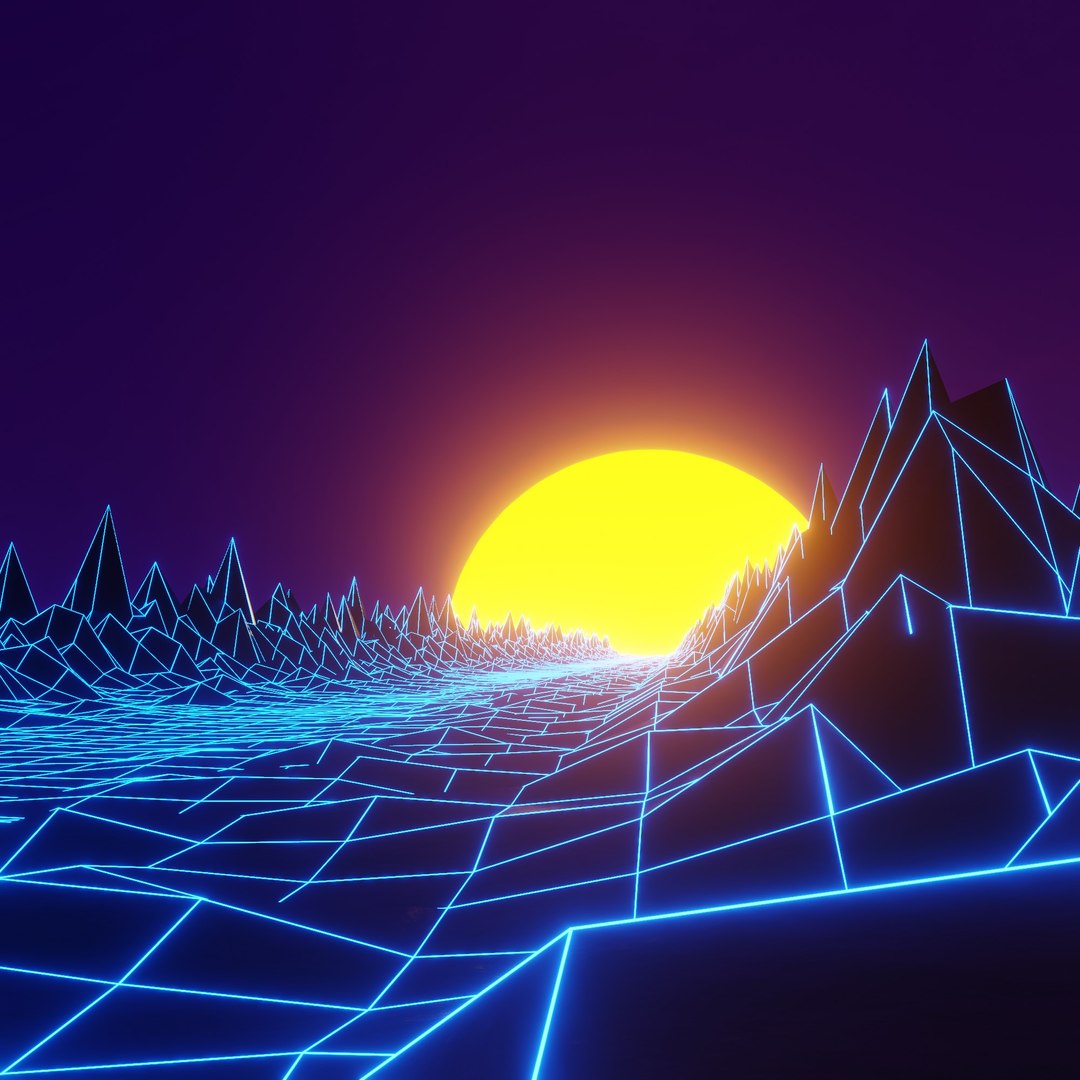 3D 80s Style Background With Polygonal Glowing Mountains And Sun Model ...
