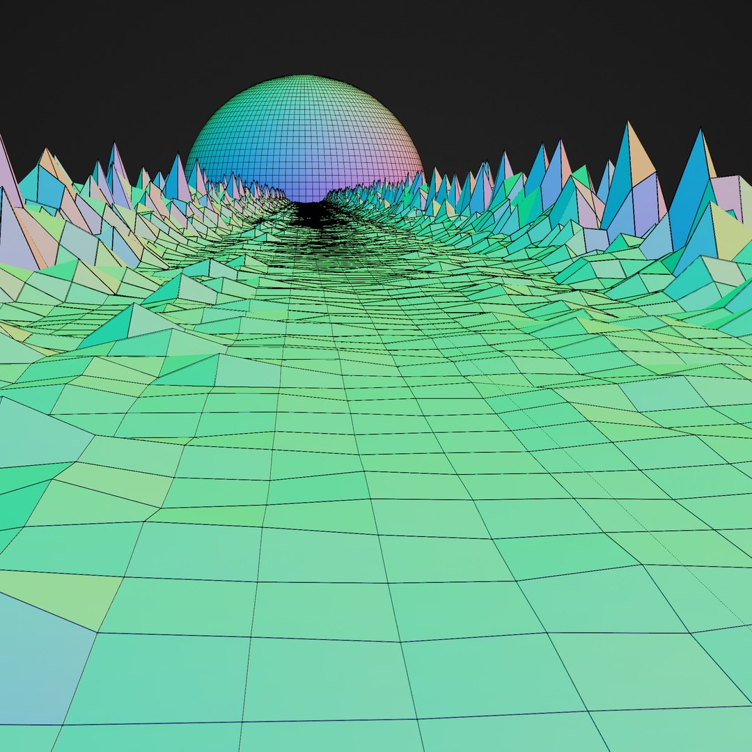 3D 80s Style Background With Polygonal Glowing Mountains And Sun Model ...