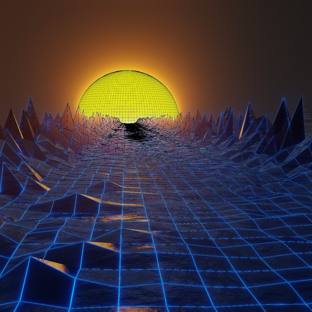3D 80s Style Background With Polygonal Glowing Mountains And Sun Model ...