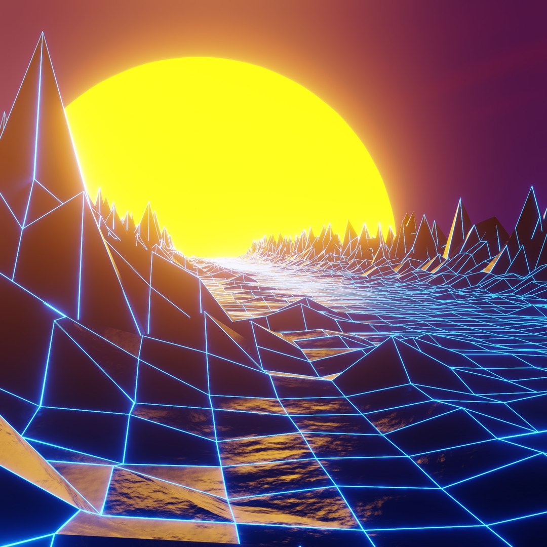 3D 80s Style Background With Polygonal Glowing Mountains And Sun Model ...