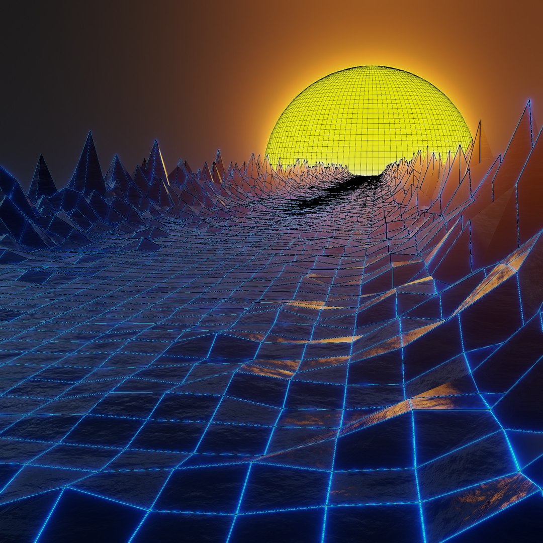 3D 80s Style Background With Polygonal Glowing Mountains And Sun Model ...