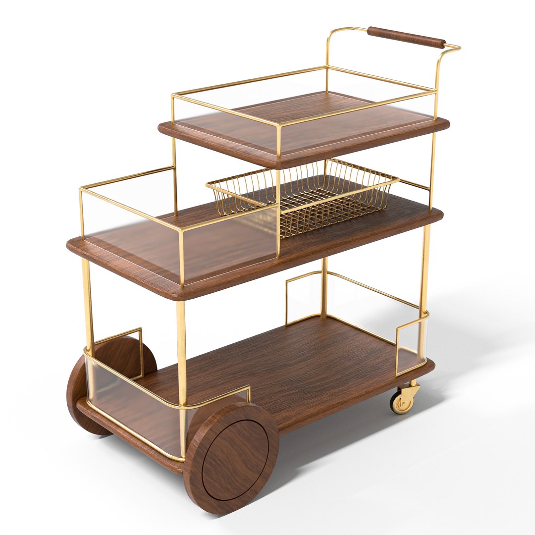 Modern Luxe Bar Cart With Gold Frame And Wooden Shelves 3D - TurboSquid ...