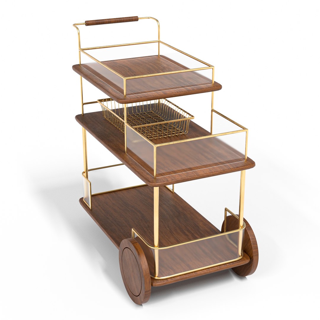 Modern Luxe Bar Cart With Gold Frame And Wooden Shelves 3D - TurboSquid ...
