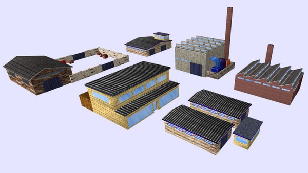 3D model collection of 6 low-poly commercial or industrial buildings ...