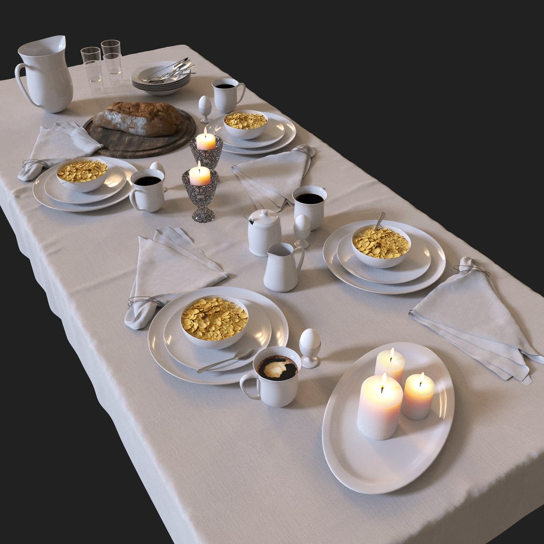 Breakfast Table Setting With Bread And Cereals 3D - TurboSquid 1716570