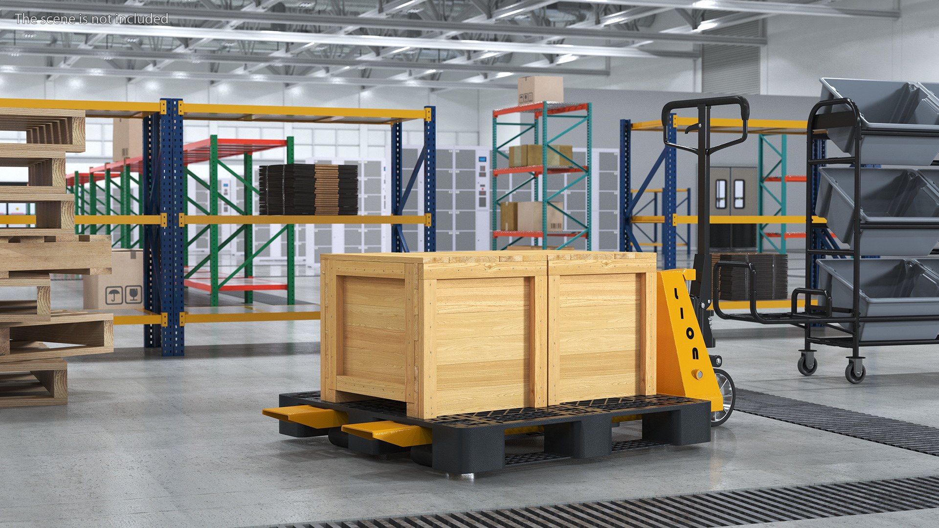 3D Lion Industrial Standard Duty Pallet Jack with Wooden Crates Rigged ...