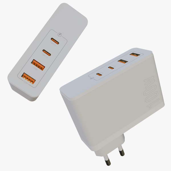 modelo 3d Adaptador de corriente USB 4 en 1, color blanco, UE ...