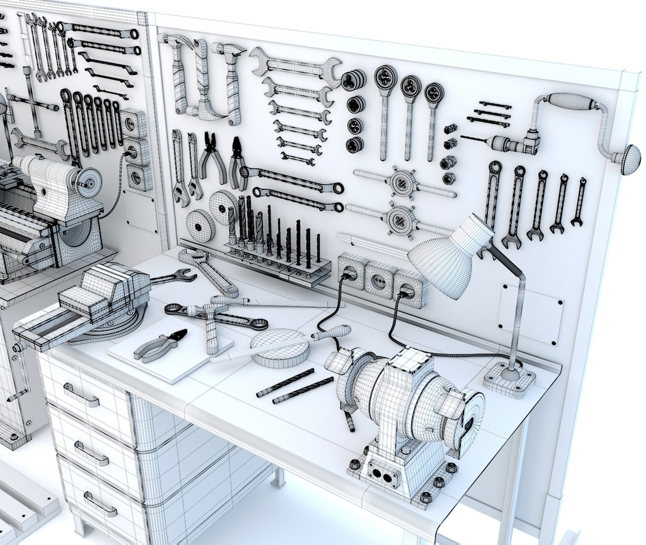 3D Model Lathe Machine Workbench Workshop Industrial Garage Tools ...