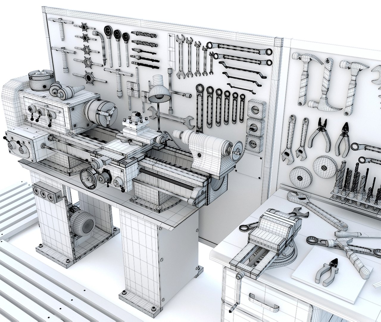 3D Model Lathe Machine Workbench Workshop Industrial Garage Tools ...