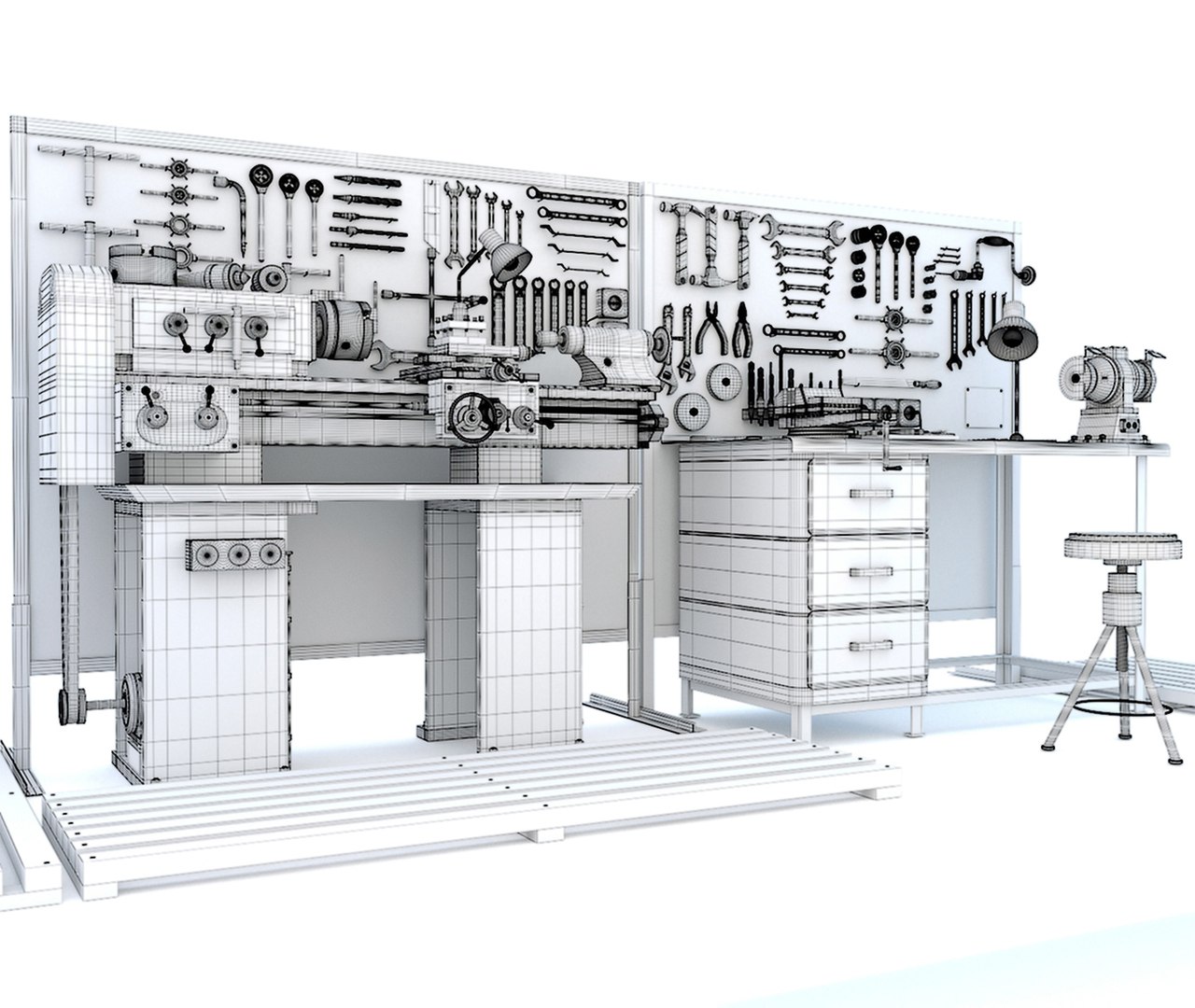 3D Model Lathe Machine Workbench Workshop Industrial Garage Tools ...