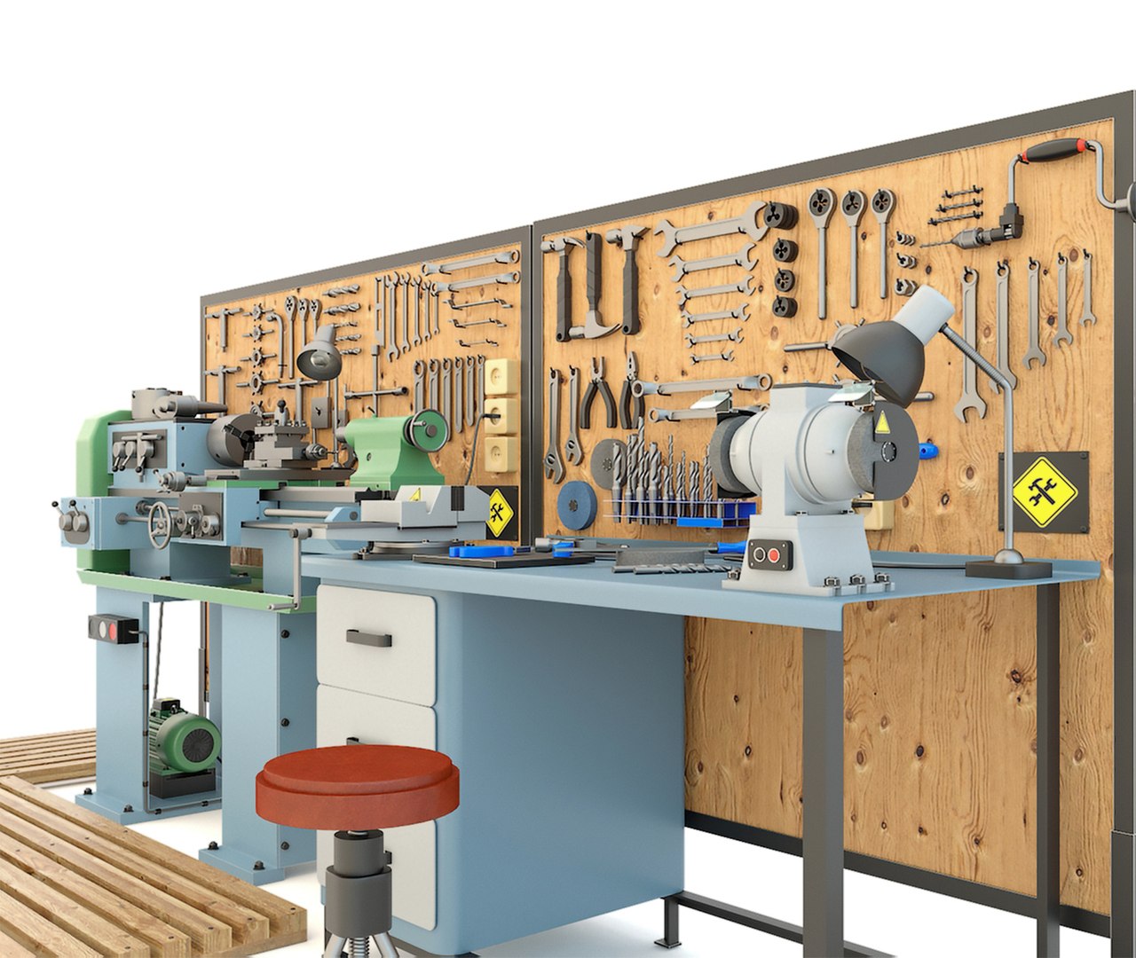 3D Model Lathe Machine Workbench Workshop Industrial Garage Tools ...