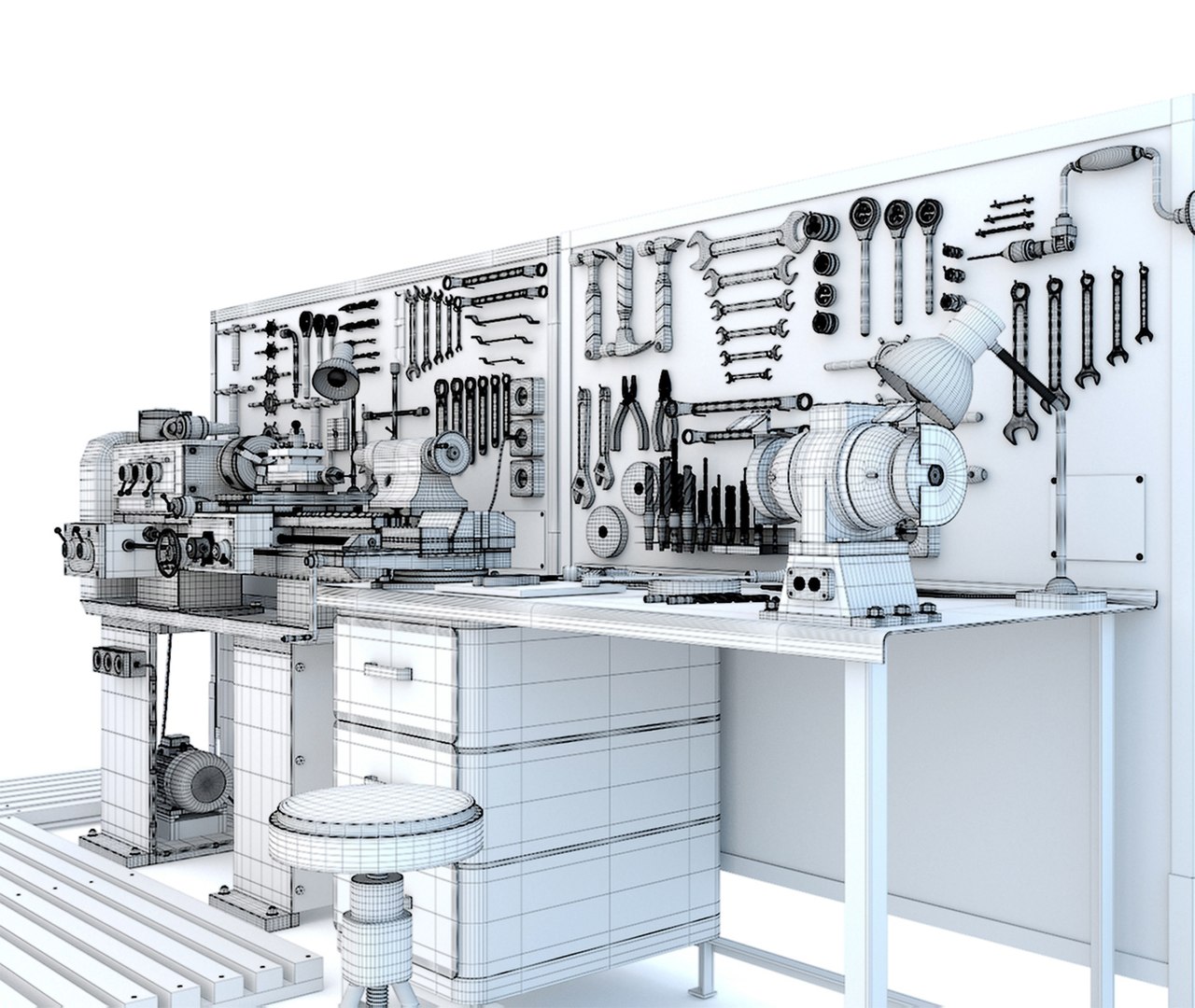 3D Model Lathe Machine Workbench Workshop Industrial Garage Tools ...