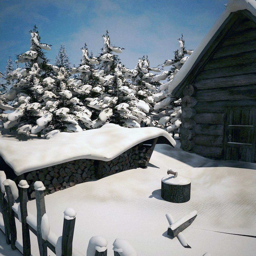 3d model old snow covered wood