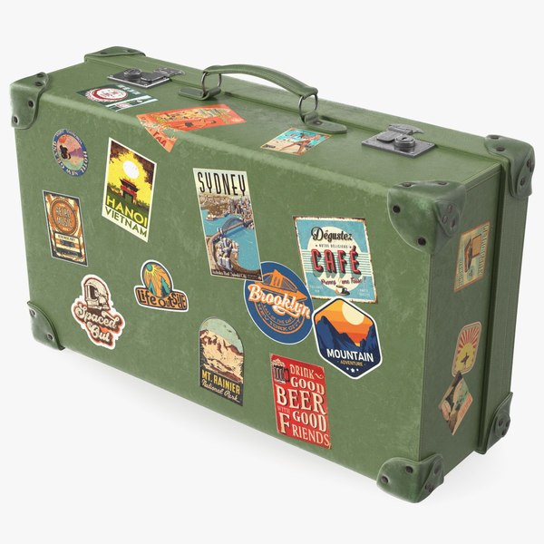 Vintage Leather Suitcase Large Green with Travel Stickers 3D 모델 ...