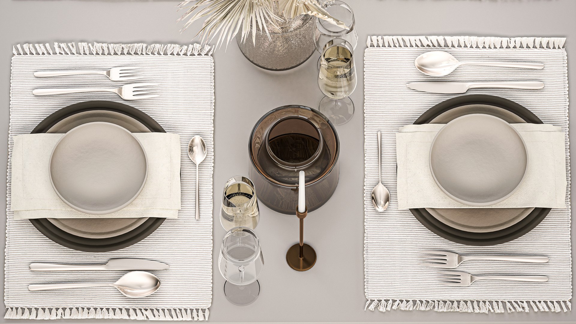 3D Table Setting For 4 Persons With A Bouquet Of Dried Flowers 31 ...