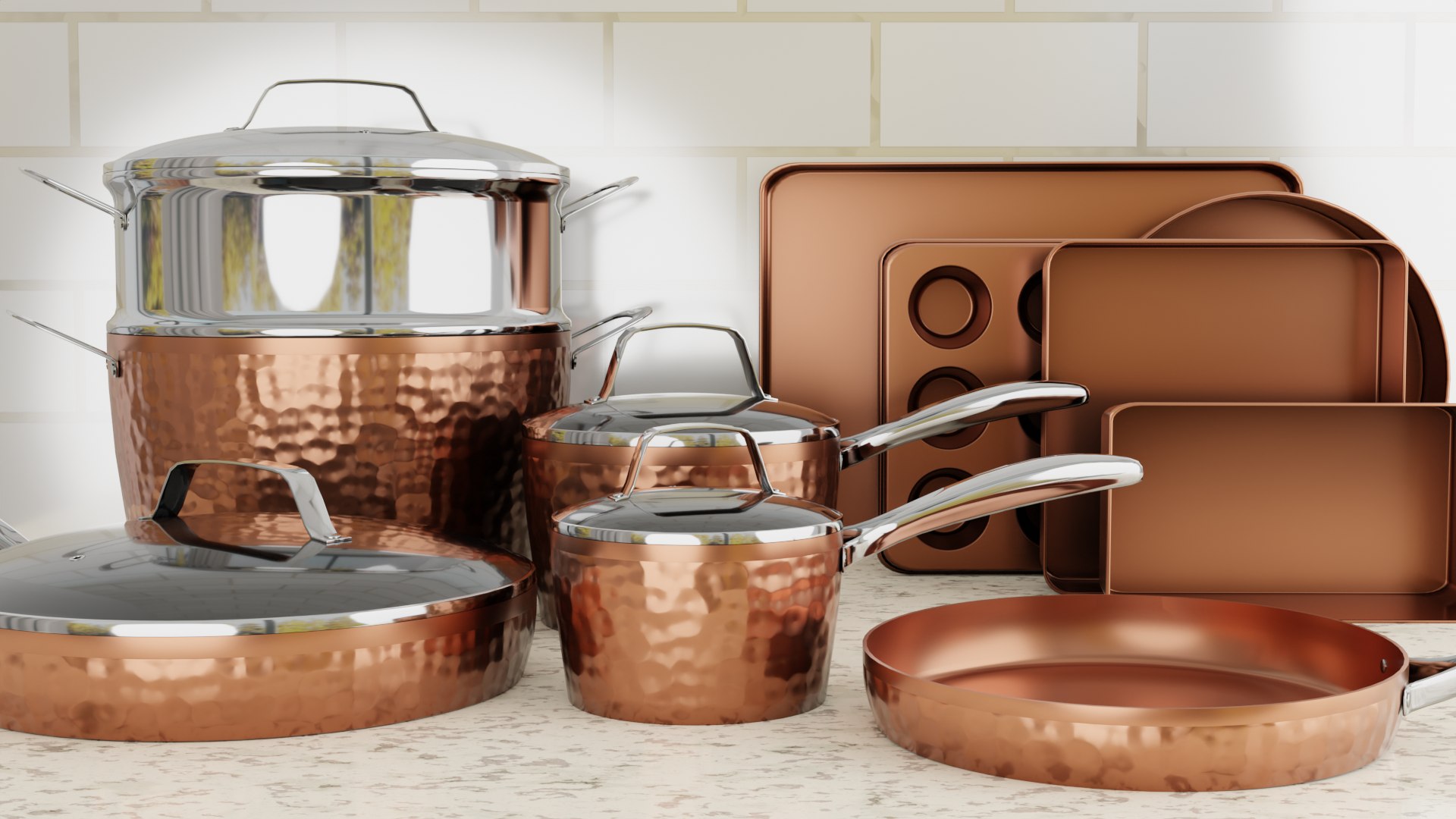 Hammered Copper Cookware And Bakeware Set 3D Model - TurboSquid 1902580