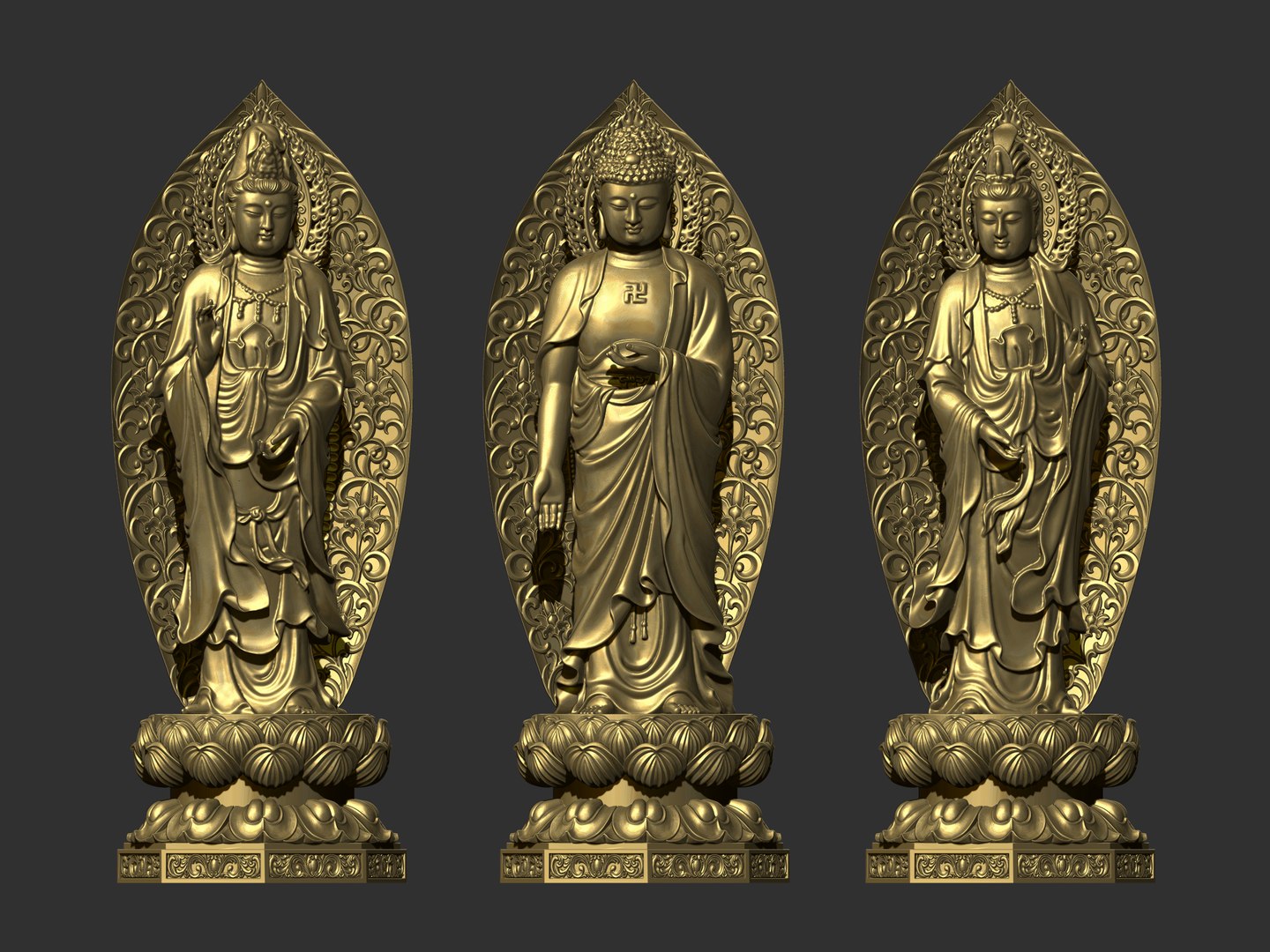 Three Buddhas Or Bodhisattvas 3D Model - TurboSquid 2052671