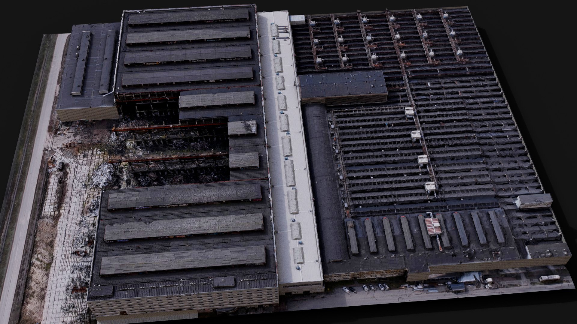 3D Model Warehouse Large Facility Damaged Building Roof Model ...