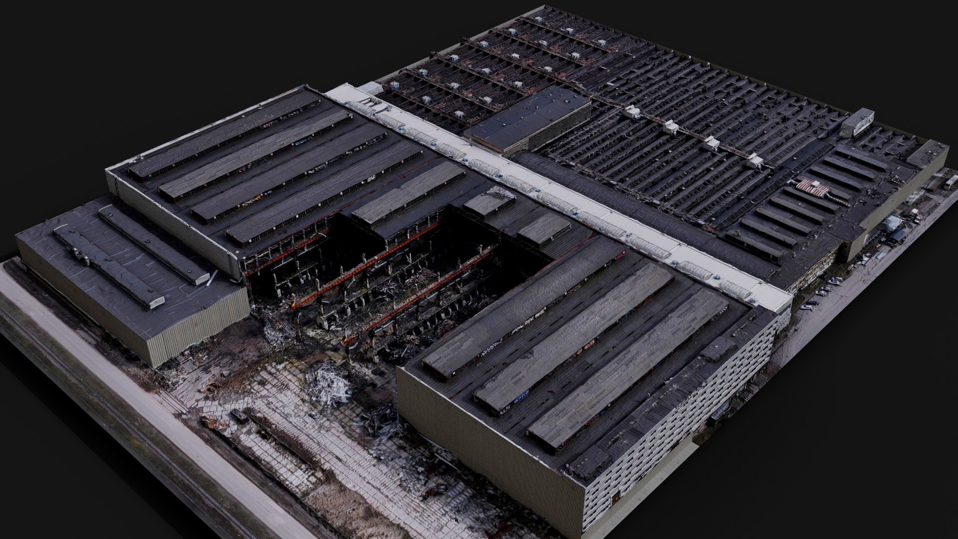 3D Model Warehouse Large Facility Damaged Building Roof Model ...