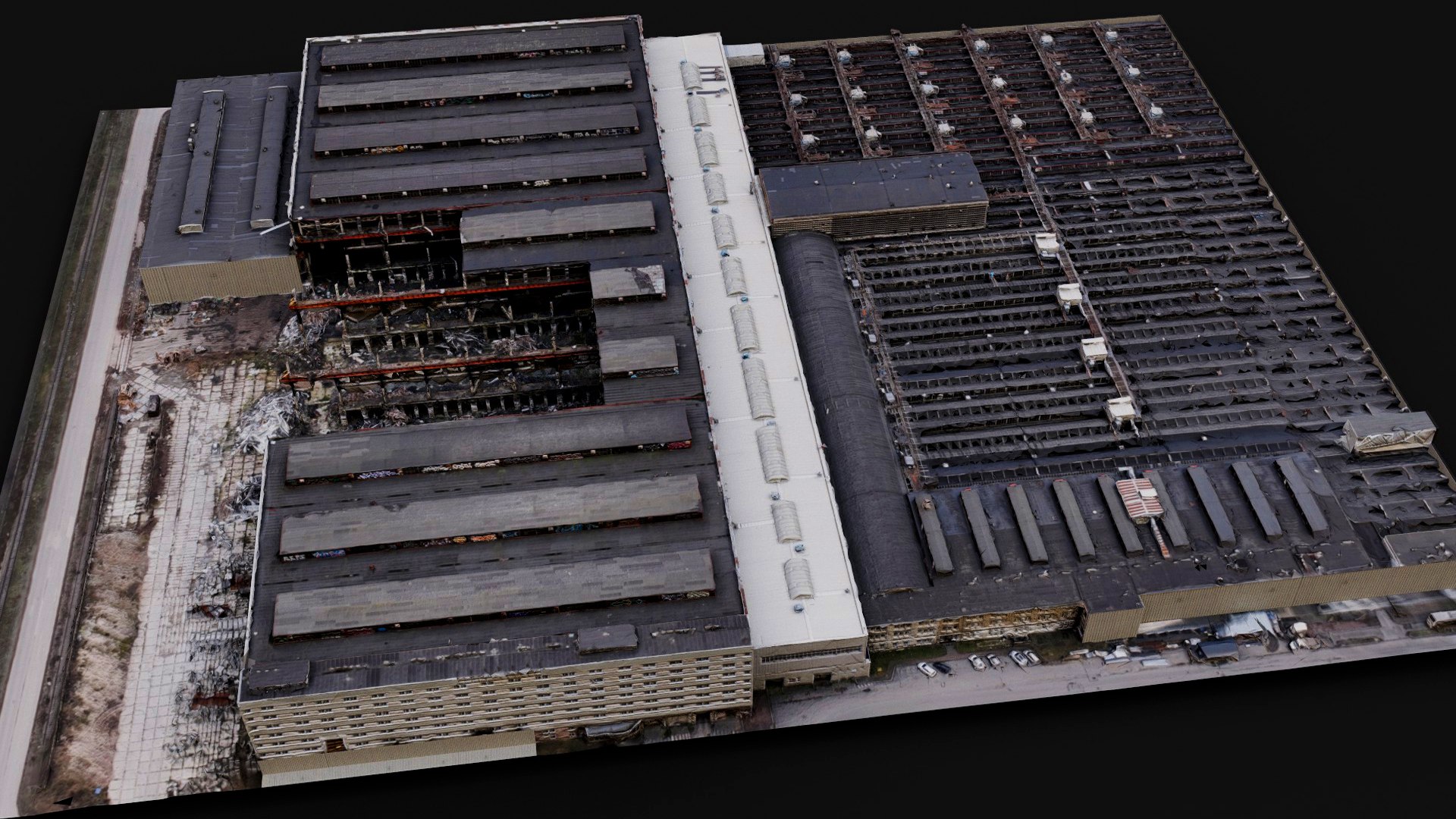 3D Model Warehouse Large Facility Damaged Building Roof Model ...