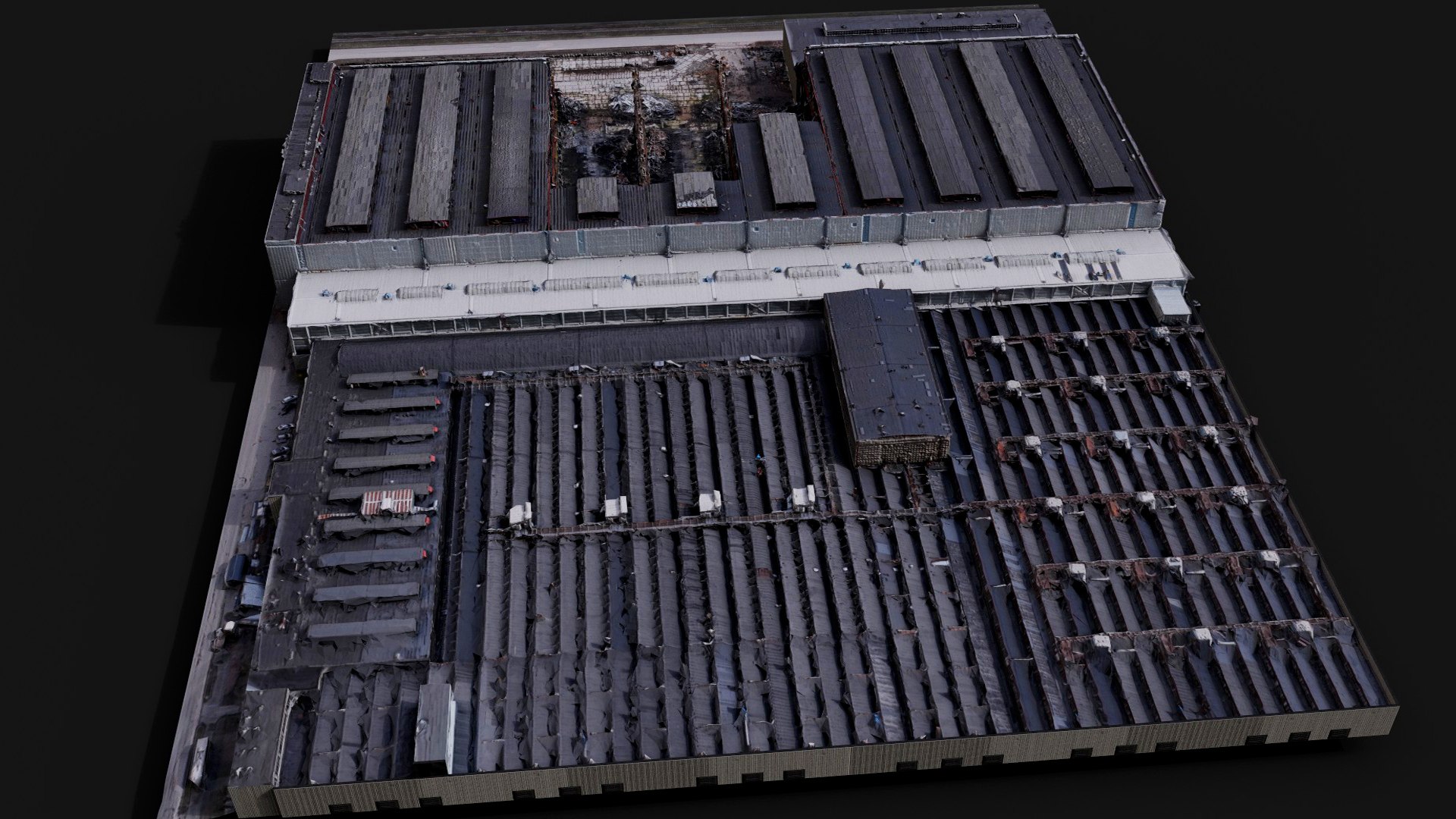 3D Model Warehouse Large Facility Damaged Building Roof Model ...