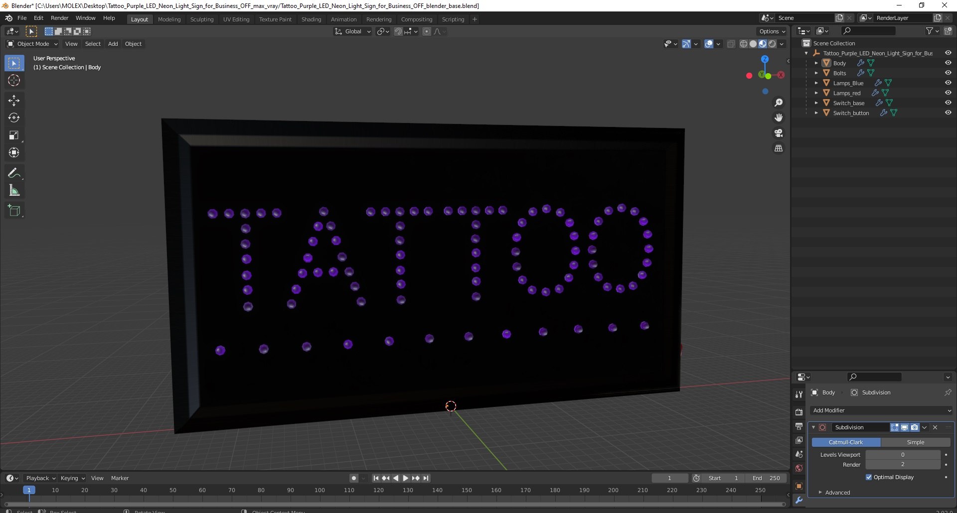 3D model Tattoo Purple LED Neon Light Sign for Business OFF ...