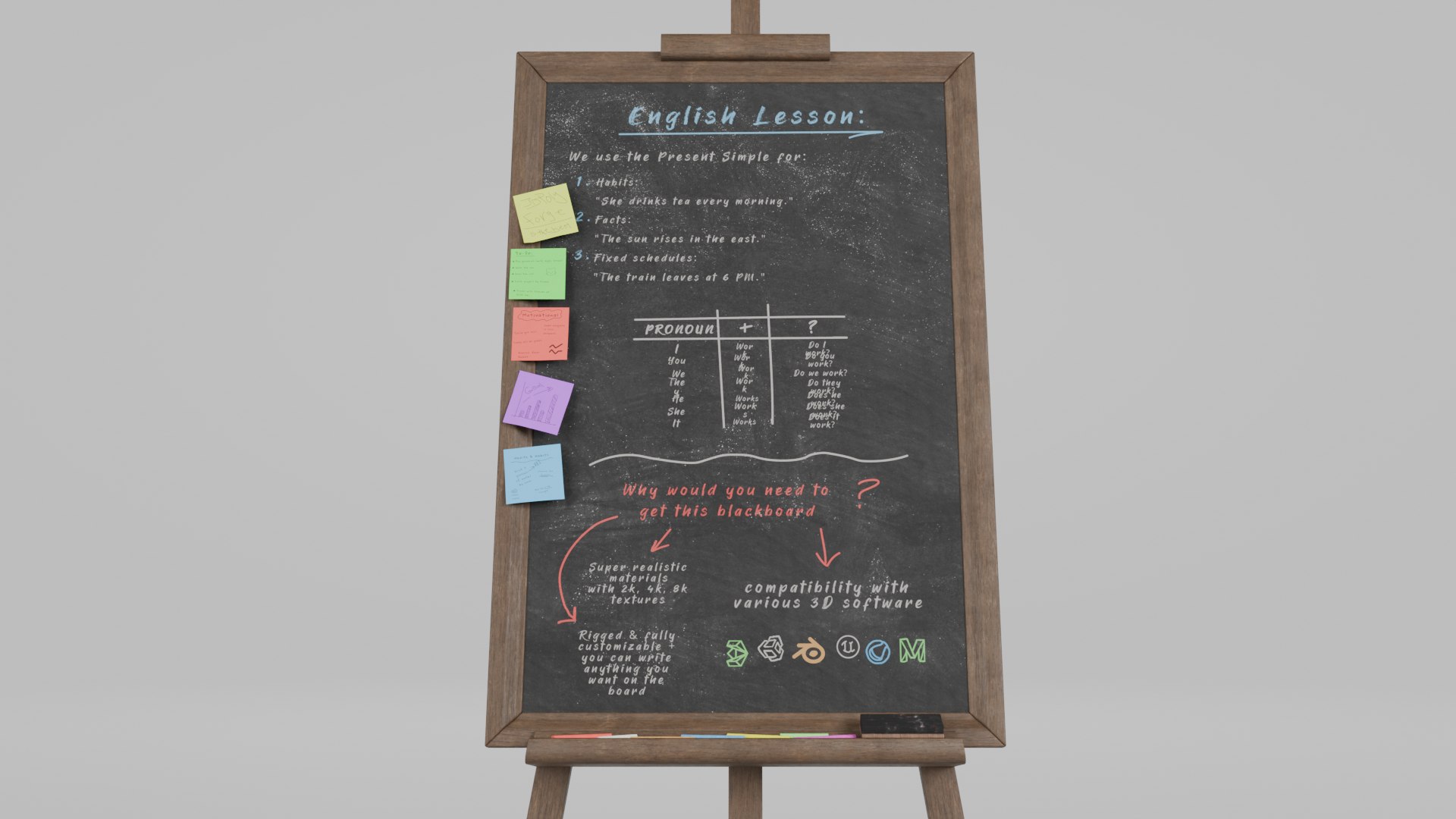 3D Model Customizable Wooden Blackboard With Stand - Tall Writing Board ...