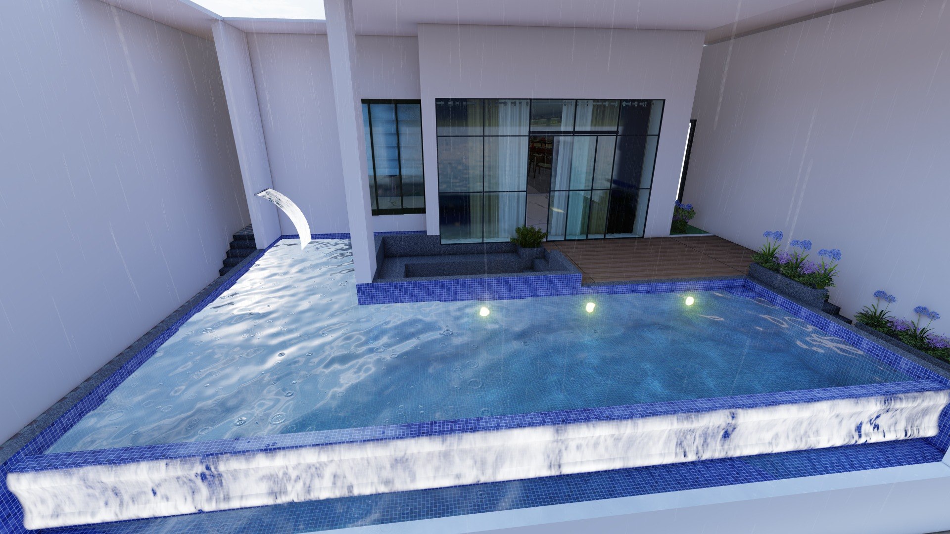 3D Model Infinite Swimming Pool 3D Model Wooden Deck Waterfall Seating ...