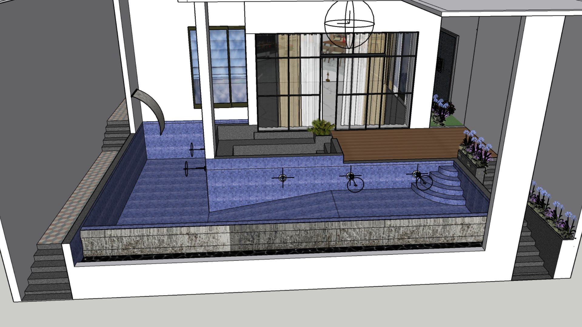 3D Model Infinite Swimming Pool 3D Model Wooden Deck Waterfall Seating ...